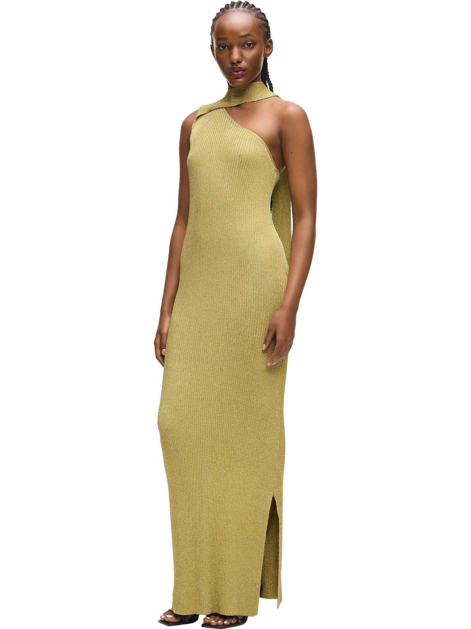 KARL LAGERFELD Karl Lagerfeld Asymmetric One-Shoulder Metallic Knit Maxi Dress